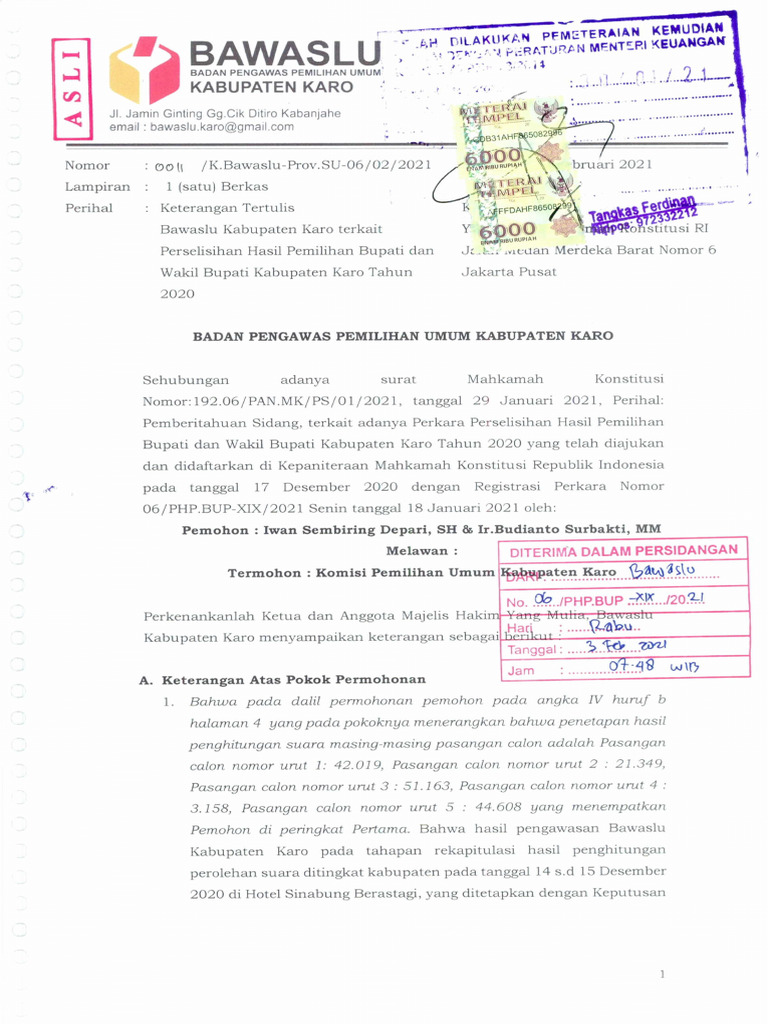 Keterangan Bawaslu - 2856 - 1785 - Keterangan Tertulis No 6 (Bawaslu) | PDF