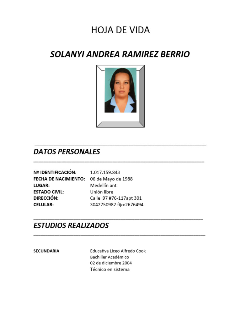 Hoja de Vida de Solanyi Berrio | PDF