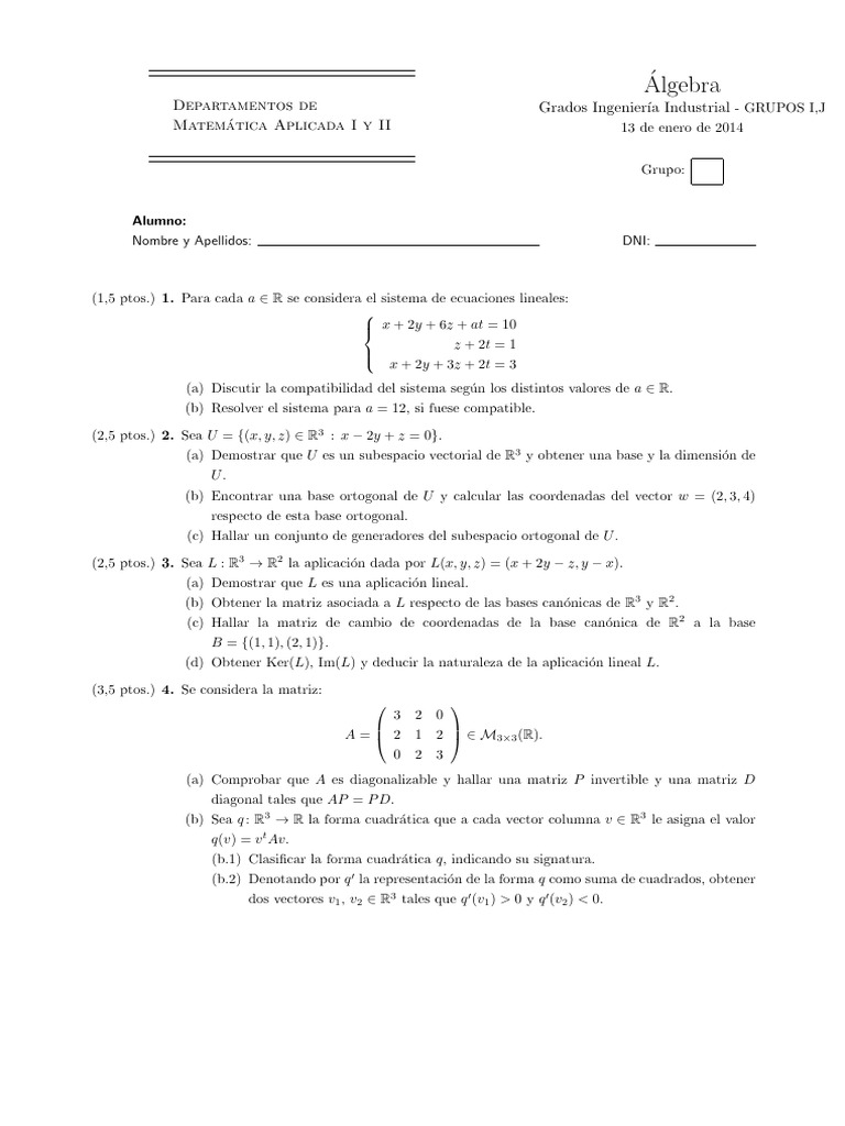 Examenes Algebra Uvigo | PDF | Base (álgebra lineal) | Matriz (Matemáticas)