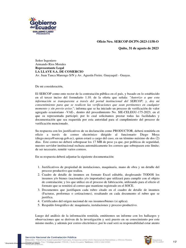 Representante Legal La Llave S.A. de Comercio: Oficio Nro. SERCOP-DCPN-2023-1158-O Quito, 31 de ...