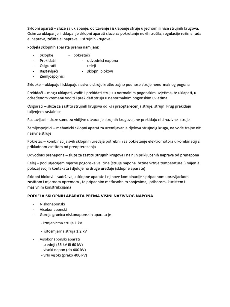 Podjela Sklopnih Aparata Prema Visini Nazivnog Napona | PDF