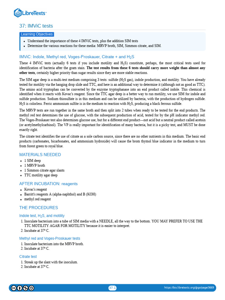 37 IMViC Tests | PDF | Chemical Substances | Chemistry