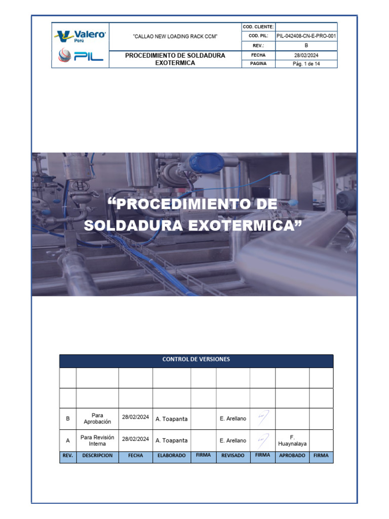 Pil-042408-Cn-Sst-Pro-001-B Procedimiento de Soldadura Exotermica | PDF | Soldadura | Construcción