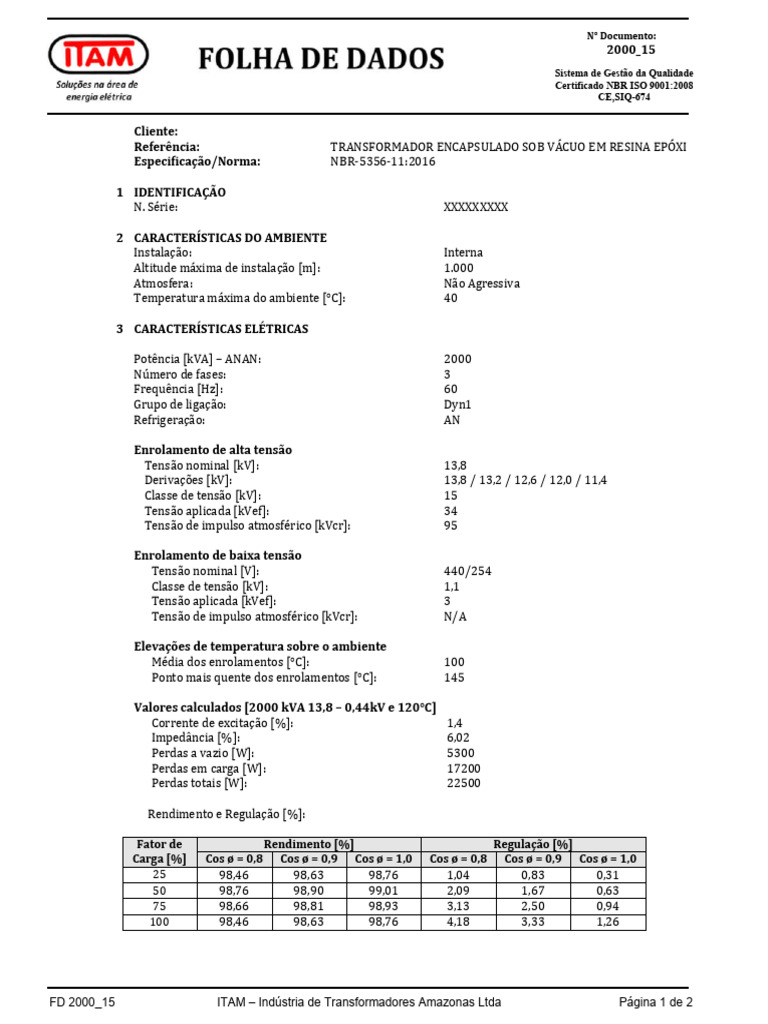 2000KVA 440V - IP00 FOLHA DE DADOS - Ila | PDF | Engenharia Elétrica ...