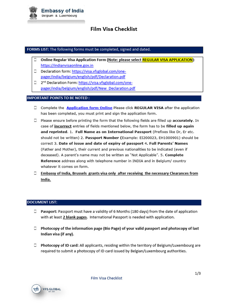 INDIA Film-Visa-Checklist-Sep-2021 | PDF | Travel Visa | Passport