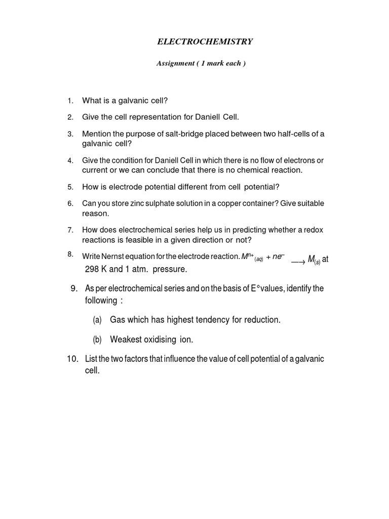 Electrochemistry Assignment-1 | PDF | Electrochemistry | Redox