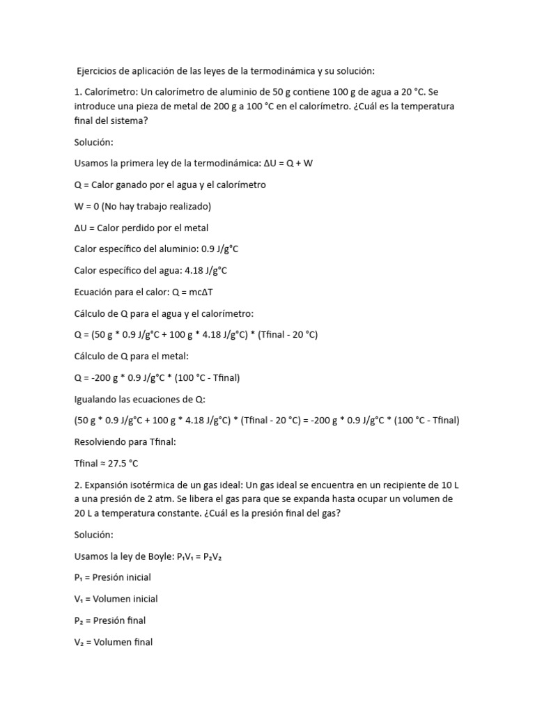 Ejercicios de Aplicación de Las Leyes de La Termodinámica y Su Solución | PDF | Gases | Calor