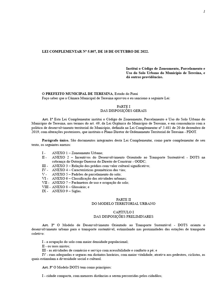 Lei Nº 5.807 Comp. de 18.10.2022 Inst. Cód. Zoneamento Parcelam. e Uso ...