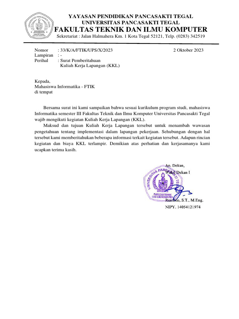 Surat Pemberitahuan KKL - 2023 - IF | PDF | Seni