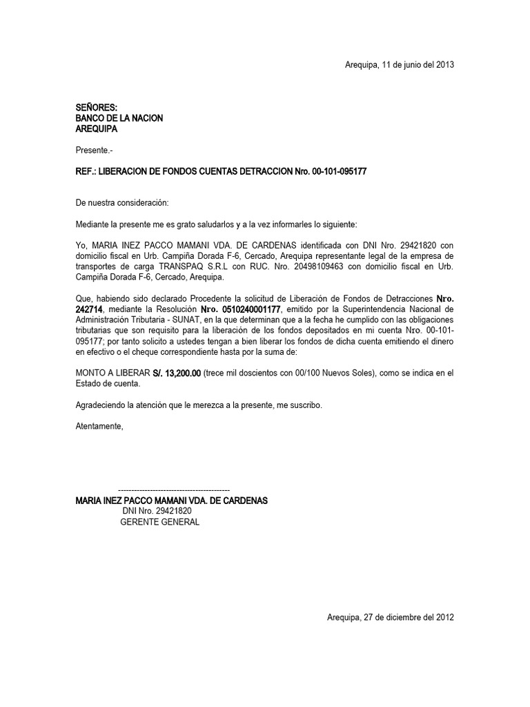 Carta Solicitud de Liberacion de Fondos | PDF | Bancario
