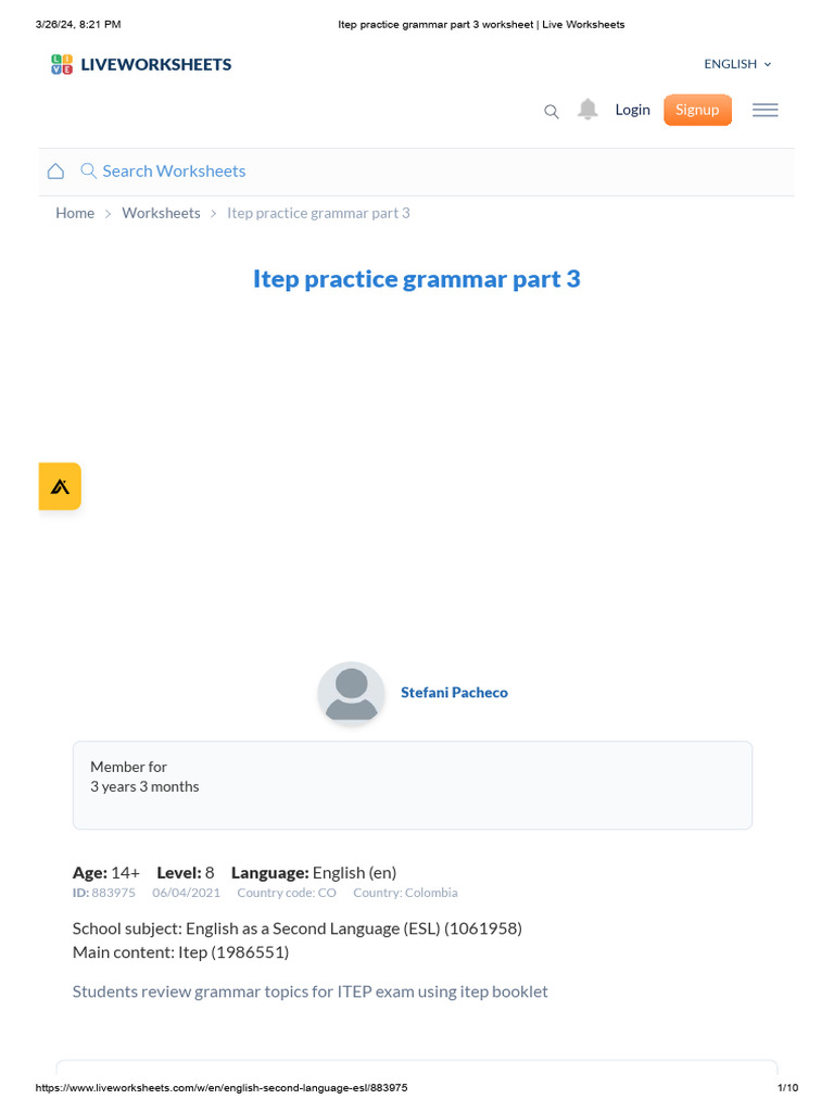 Itep practice grammar part 3 worksheet _ Live Worksheets | PDF ...