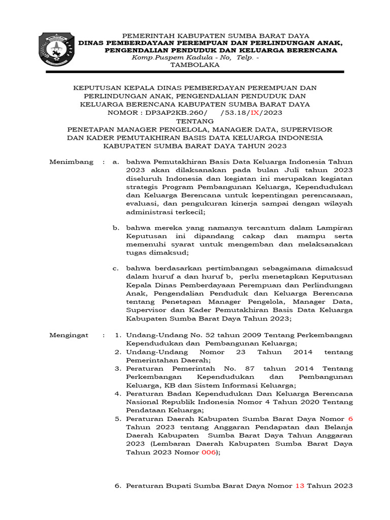 Penetapan Pengelola Data Keluarga 2023 | PDF