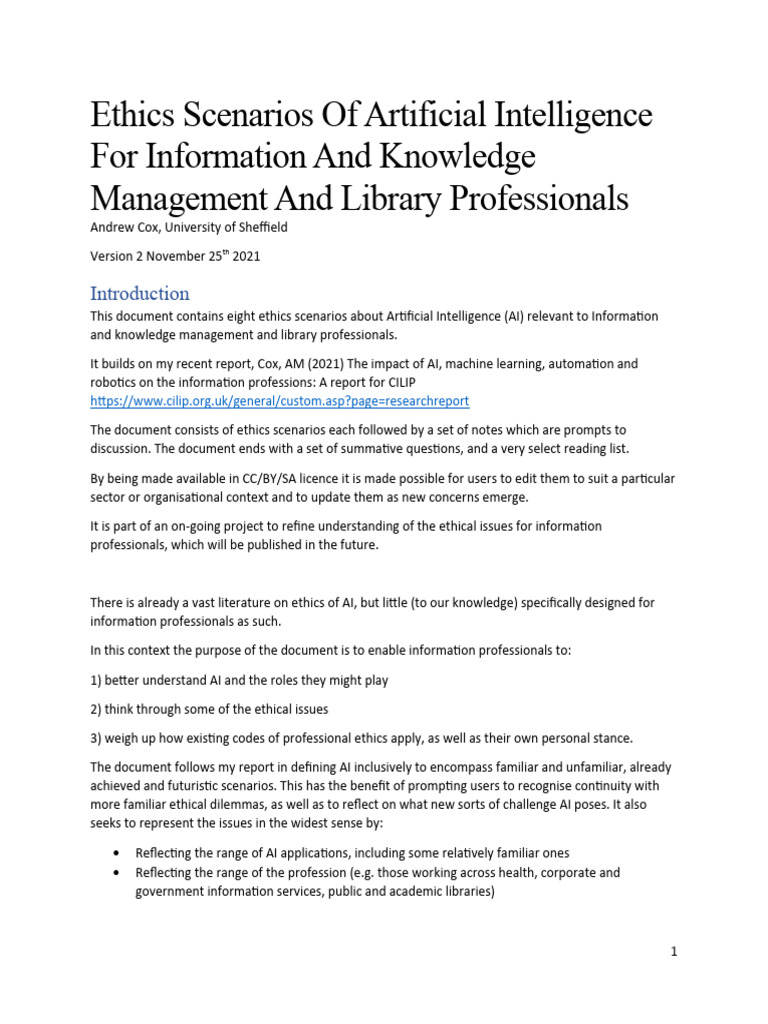 Ethics Scenarios of AI For Information Professionals v2 | PDF ...