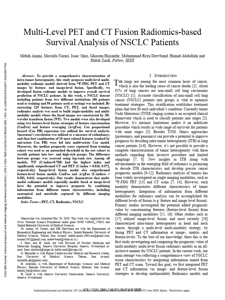 Multi-Level PET and CT Fusion Radiomics-Based Survival Analysis of NSCLC Patients | PDF ...