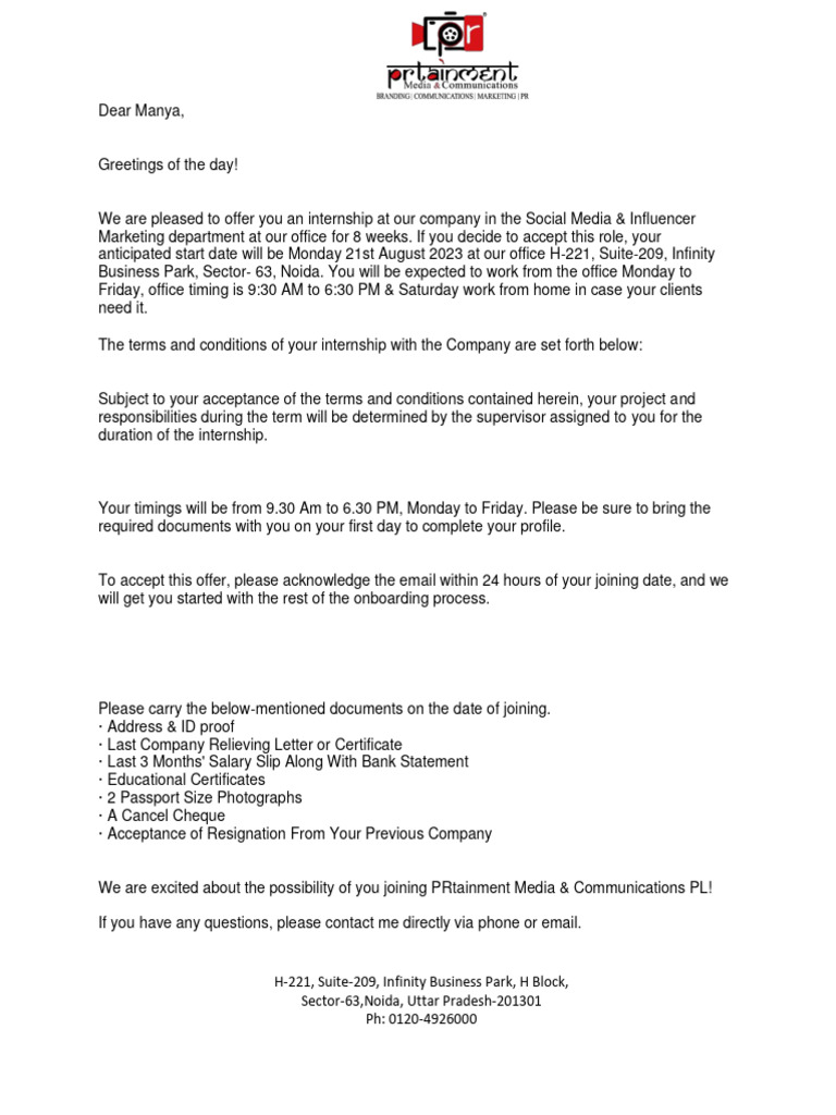 Manya Kapoor-Internship Confirmation Letter | PDF