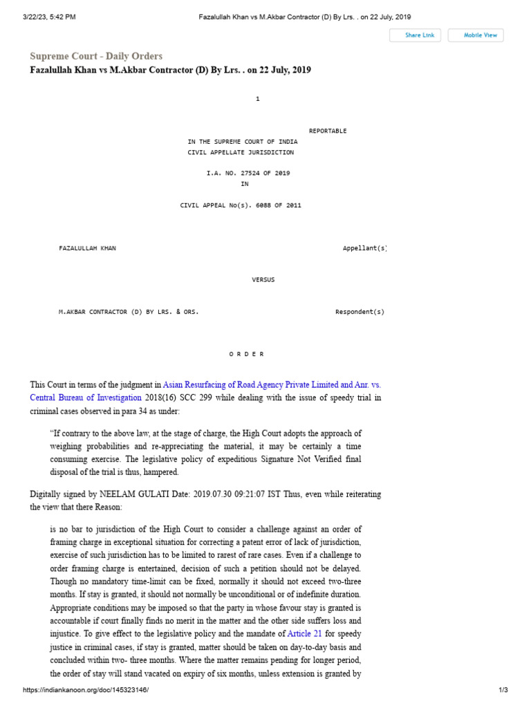 Fazalullah Khan Vs M.akbar Contractor (D) by Lrs. - On 22 July, 2019 | PDF