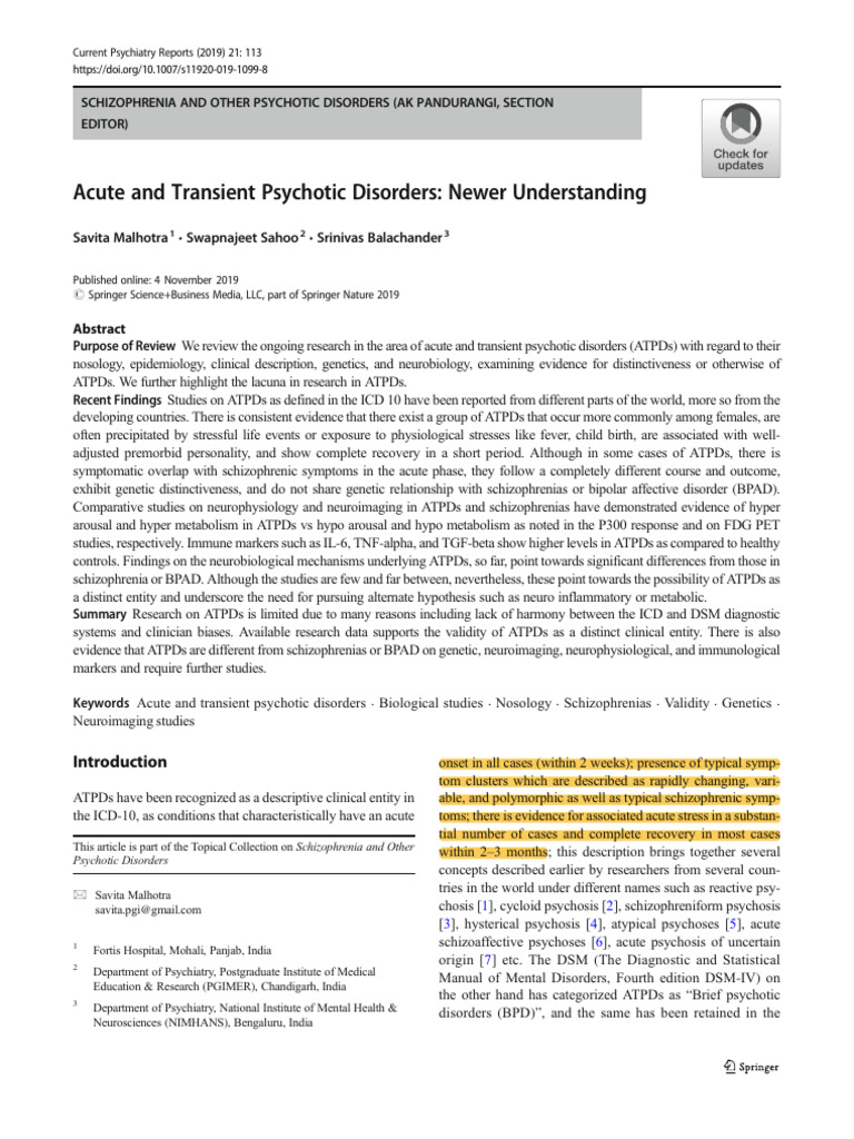 2019 Acute and Transient Psychotic Disorders - Newer Understanding ...
