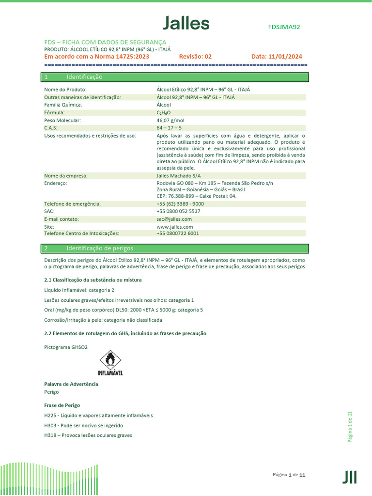 FDS Álcool Etilico 92,8º INPM - JM - Rev 02 | PDF | Química