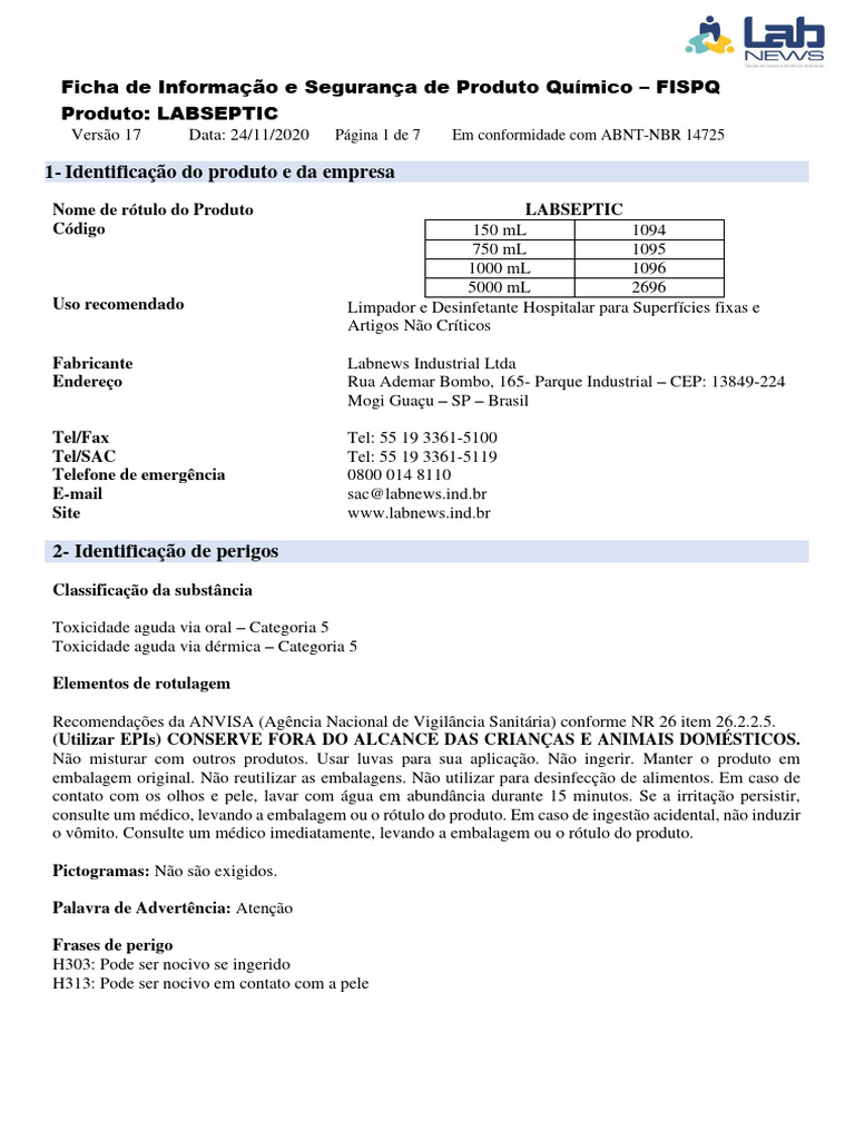 FISPQ - Labseptic - Rev. 17 | PDF | Química | Vapor