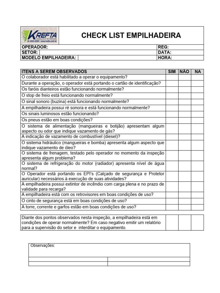Check List Empilhadeira | PDF | Tecnologia e Engenharia