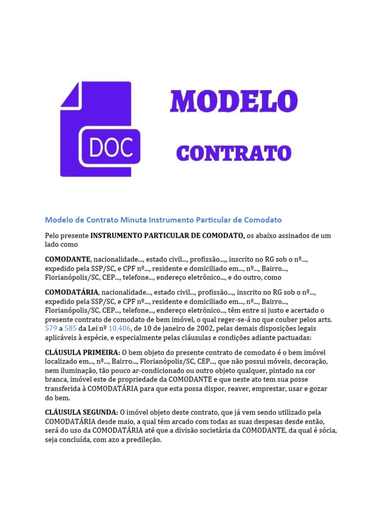 Modelo de Contrato de Comodato Completo e Atualizado | PDF
