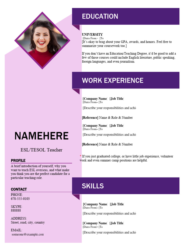 ESL Teacher CV Template Guide | PDF | English As A Second Or Foreign ...