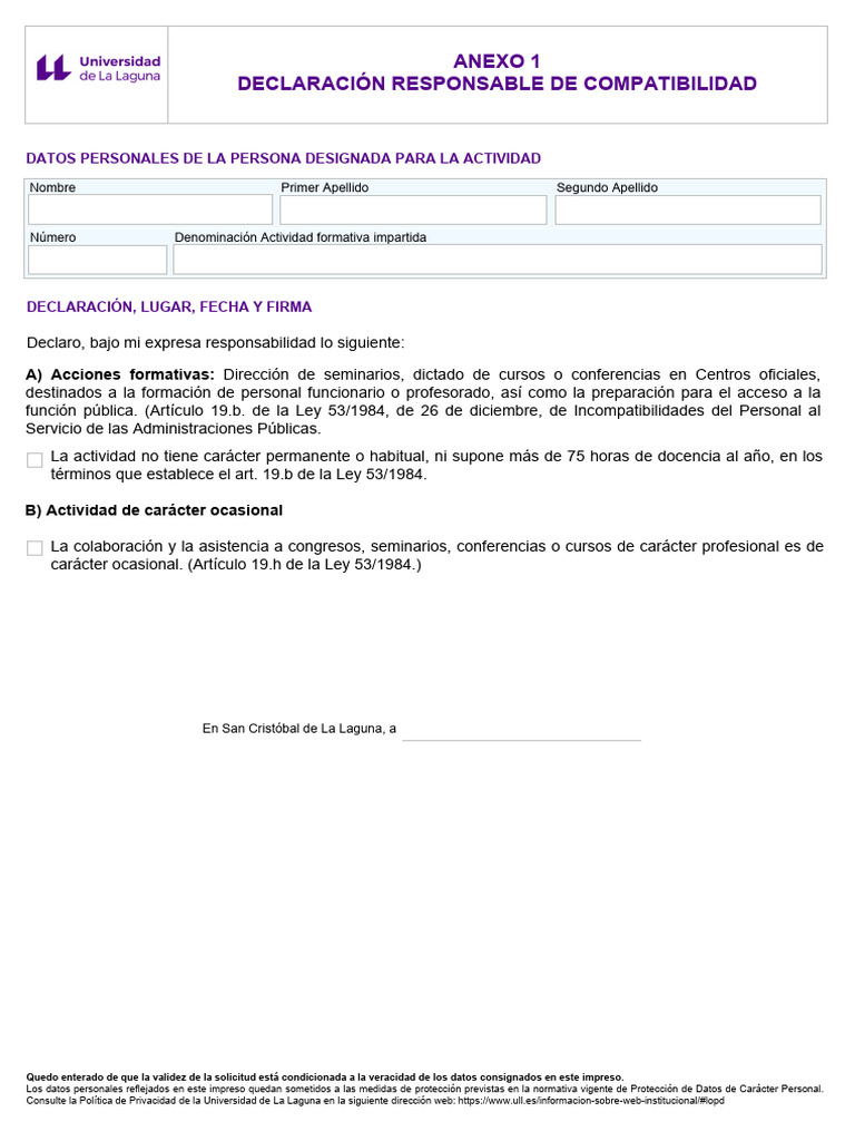 ANEXO 1 Declaracion Responsable Compatibilidad | PDF | Derecho