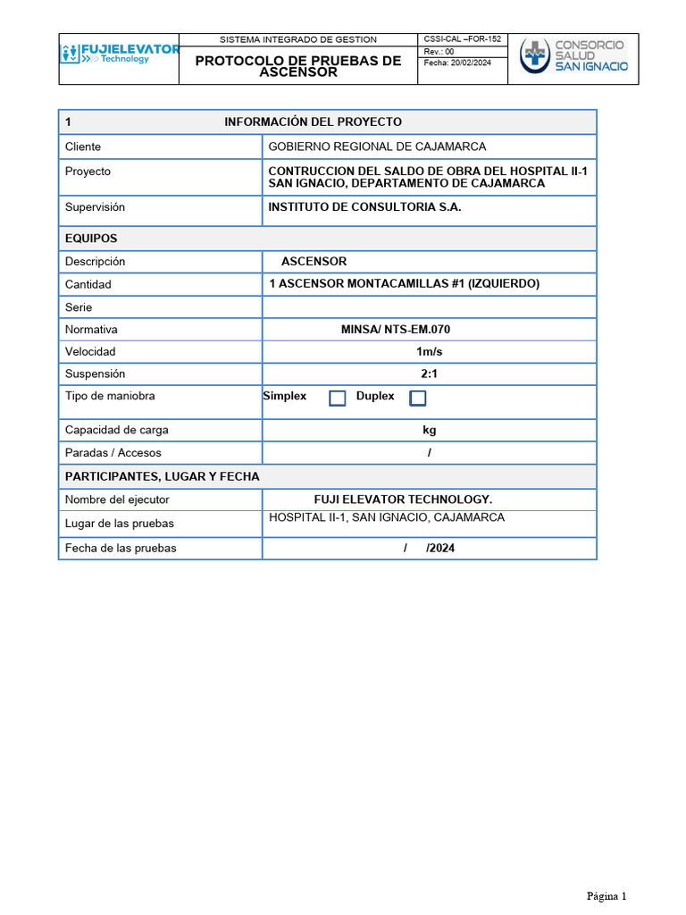 Cssi-cal-For-152 Protocolo de Pruebas Ascensores | PDF | Ascensor | Electricidad