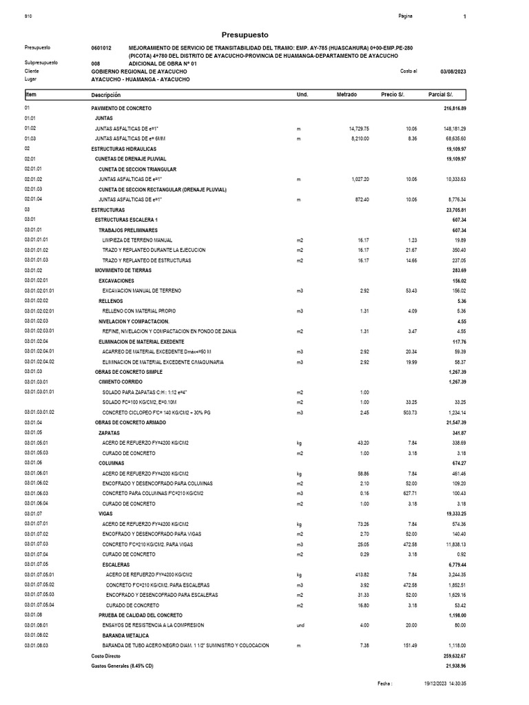 Presupuesto Adicional de Obra #01 | PDF
