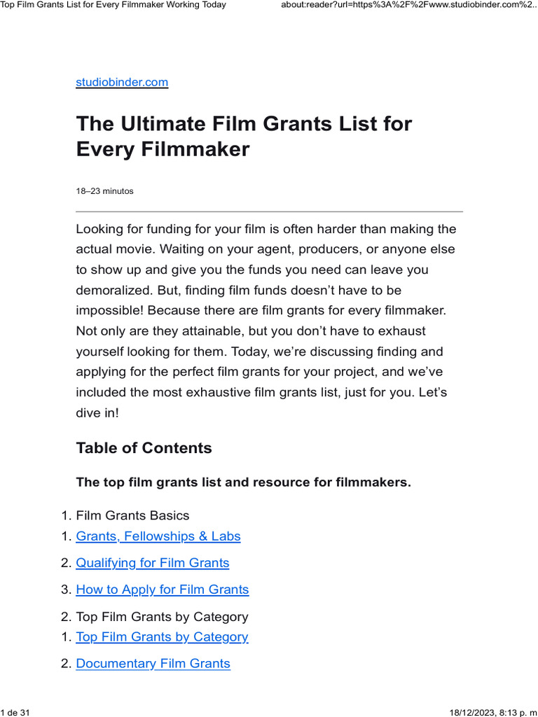 Top Film Grants List For Every Filmmaker Working Today | PDF ...