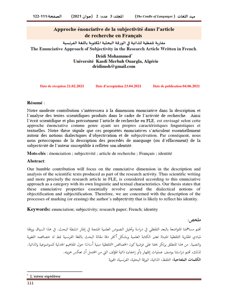 Approche Énonciative de La Subjectivité Dans L'article de Recherche en ...