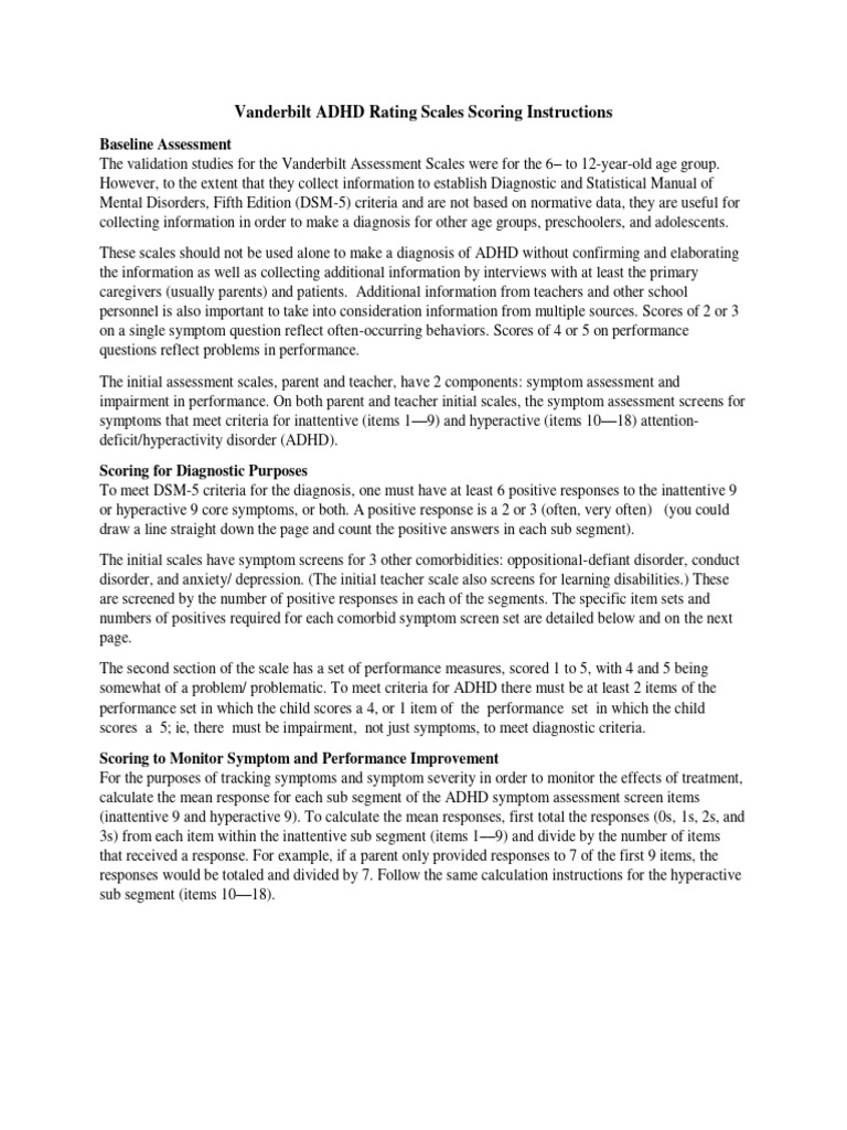 Vanderbilt ADHD Rating Scales Scoring Instructions 2019 | PDF
