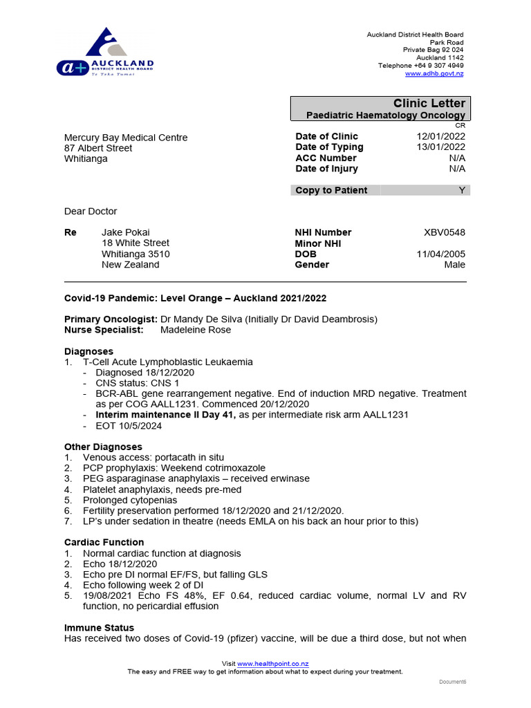 Paediatric Oncology Clinic Letter for Jake | PDF | Chemotherapy ...