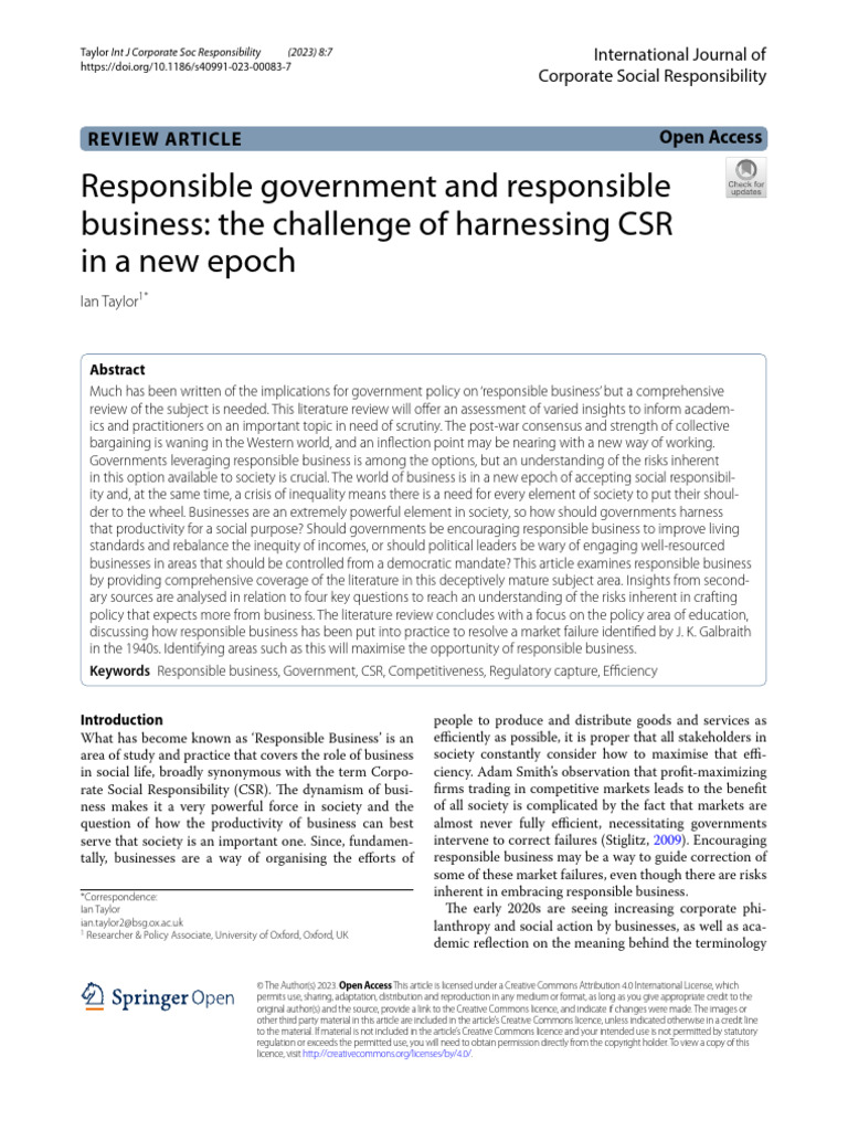 Responsible Government and Responsible Business: The Challenge of Harnessing CSR in A New Epoch ...