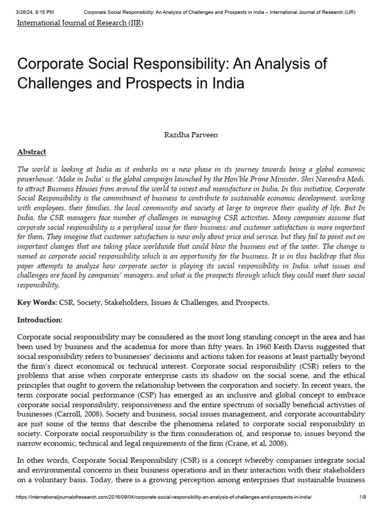 CSR Challenges and Prospects in India | PDF | Corporate Social ...