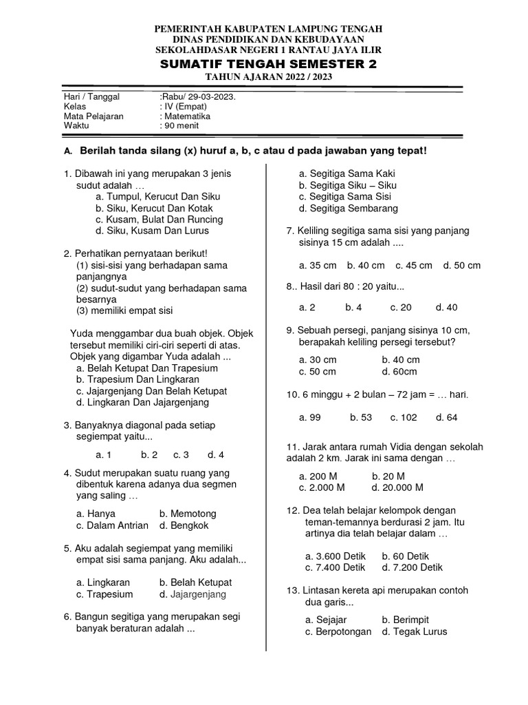 Sumatif MTK KLS 4 Semester GENAP | PDF