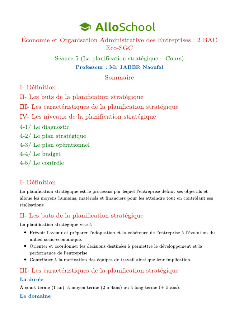 Seance 5 La Planification Strategique Cours | PDF