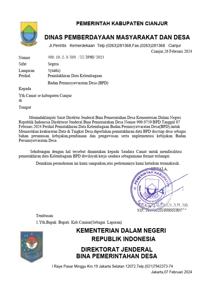 Surat Permohonan Pemutakhiran Data BPD 2024 | PDF