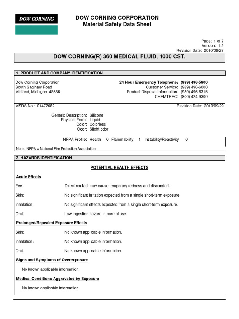 Dow Corning 360 Medical Fluid MSDS | PDF | Personal Protective ...