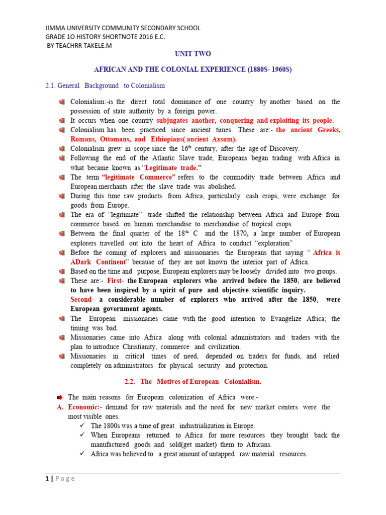 History Unit Two For Grade 1o by Teacher Takele.m | PDF | Africa ...