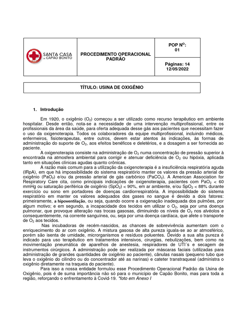 POP - Plano de Usina 2021 | PDF | Oxigênio | Especialidades médicas
