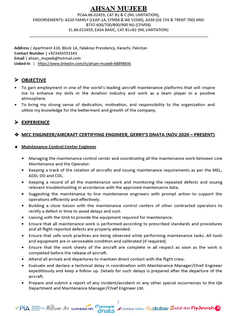 MCC Engineer & Aircraft Maintenance Engineer B1 CV Ahsan Mujeeb | PDF | Aviation | Aircraft