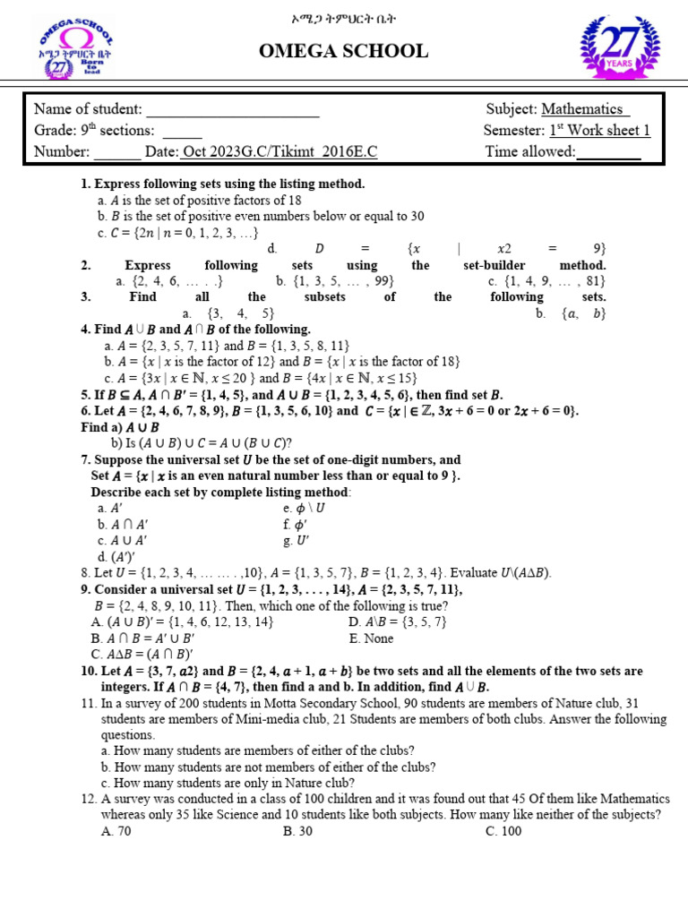 G 9 MATH Worksheet | PDF | Teaching Methods & Materials