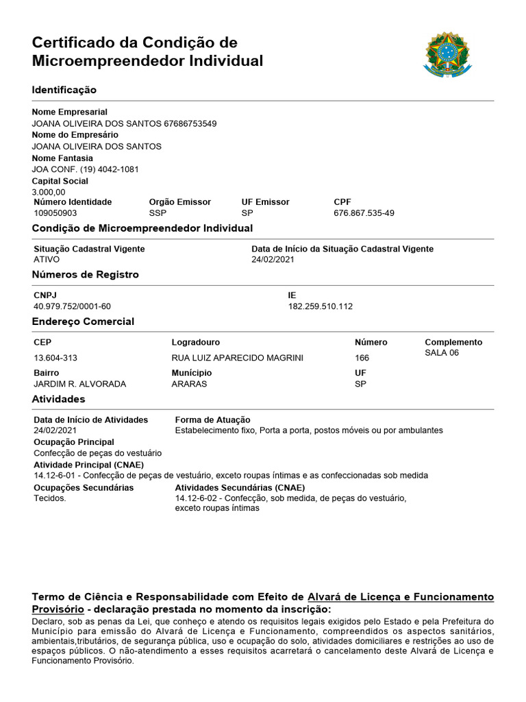 Certificado Do Mei - Contrato Social Joa Conf | PDF