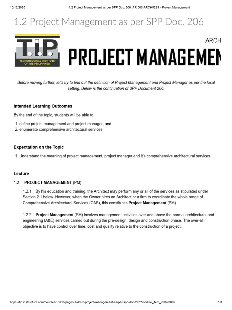 1.2 Project Management As Per SPP Doc. 206 - AR 503-ARCH52S1 - Project Management | Download ...