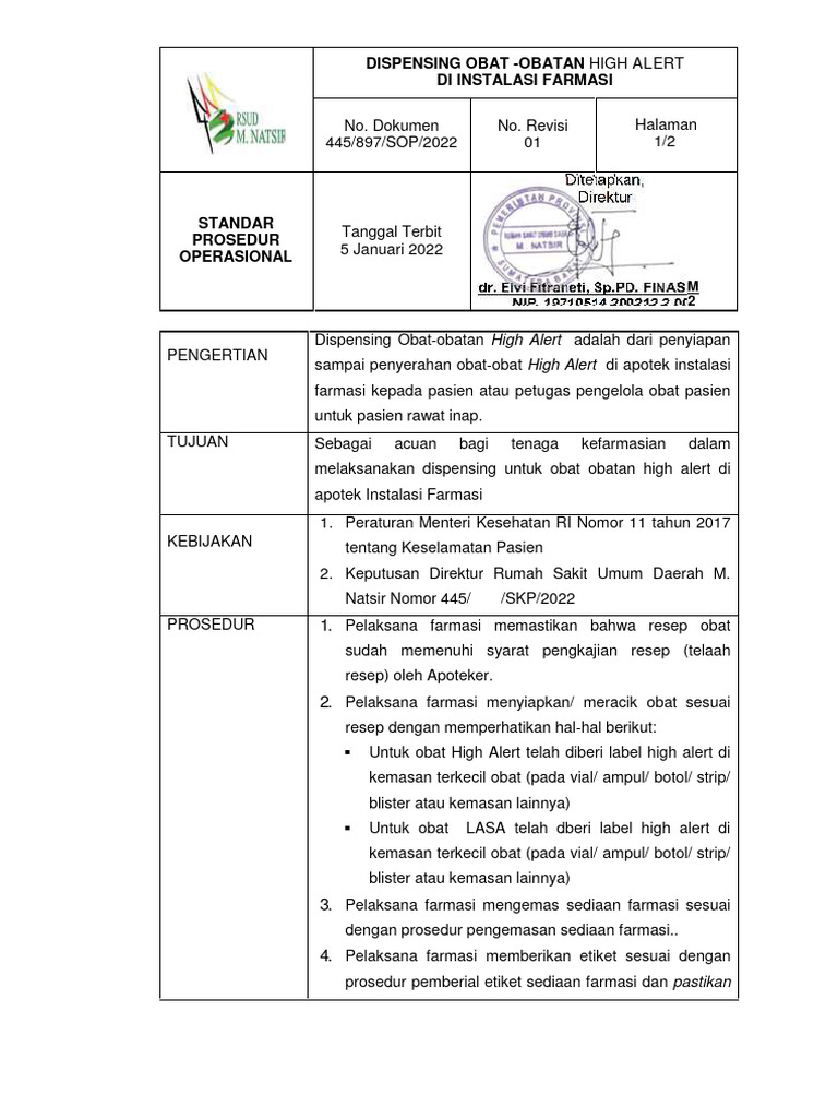 Prosedur Dispensing Obat High Alert | PDF
