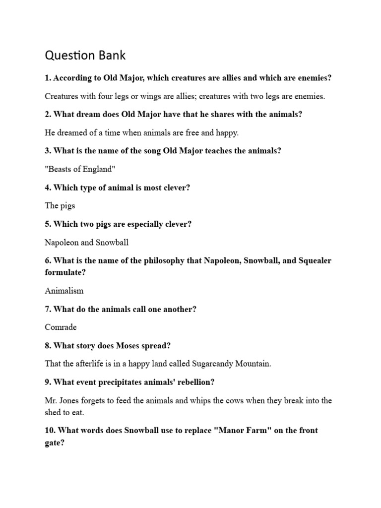 Animal Farm Question Bank and Answers | PDF