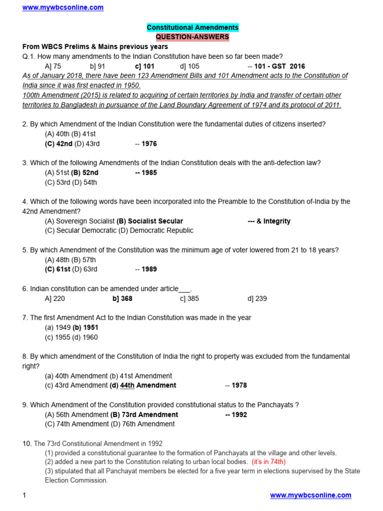 Indian Constitutional Amendments Quiz | PDF | Constitutional Amendment ...
