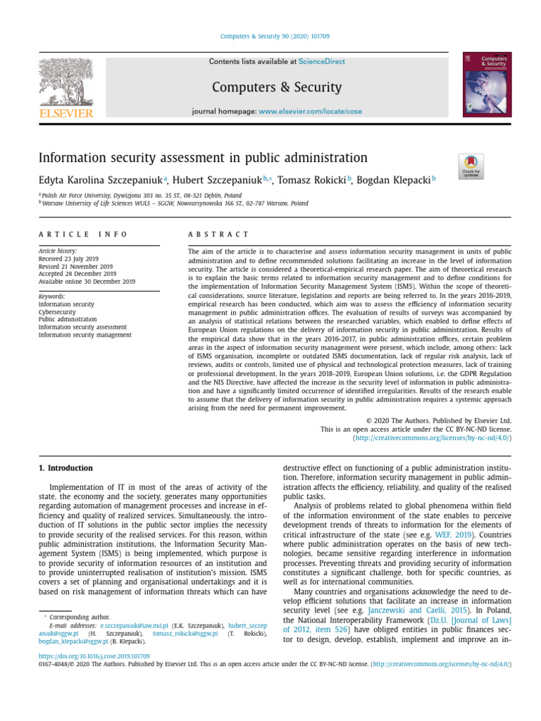 Computers & Security: Edyta Karolina Szczepaniuk, Hubert Szczepaniuk, Tomasz Rokicki, Bogdan ...