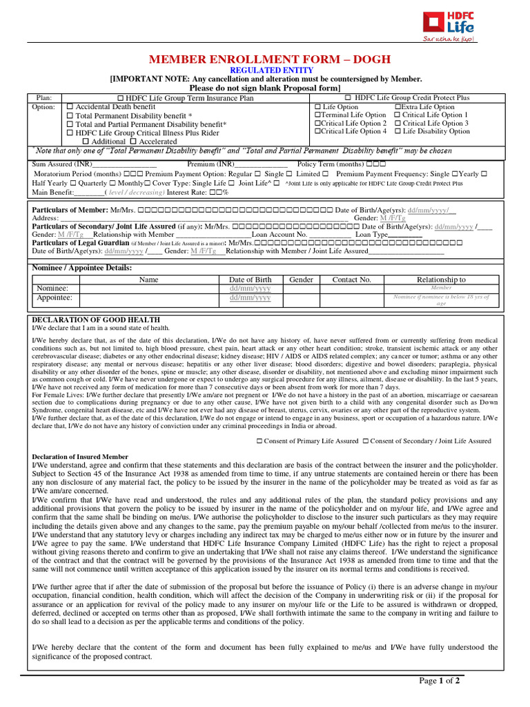CP+GTI JL Regulated DOGH Member Enrollment Form | PDF | Insurance ...
